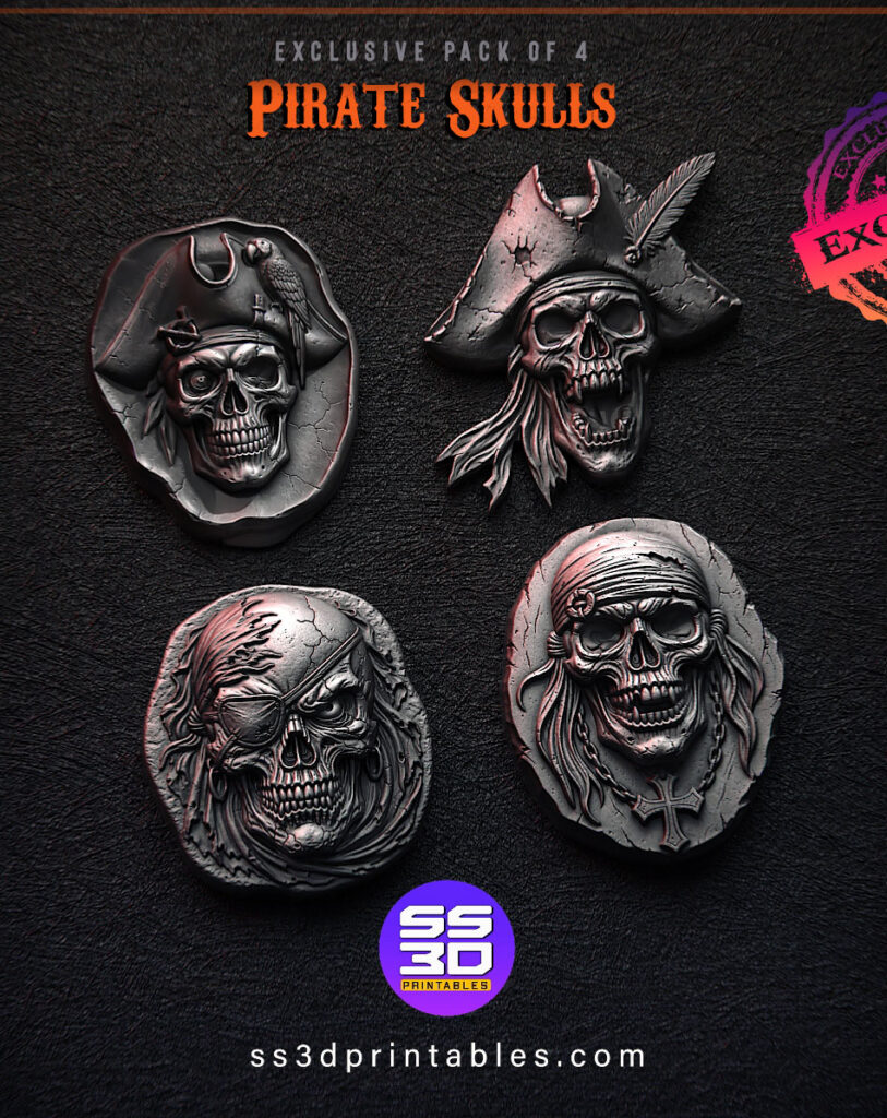 Pirate Skull Pack of 4 – Exclusive 3D Printable STL Files - SS3DPRINTABLES